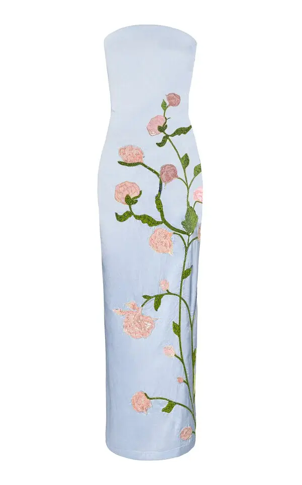 LA FUORI Strapless Embroidered Silk Satin Maxi Dress - Blue