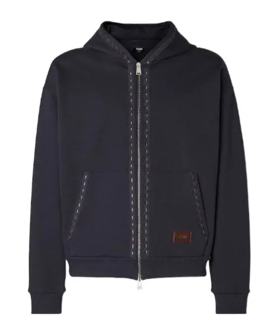 Fendi Navy Cotton Zip-up Hoodie With Selleria Stitching