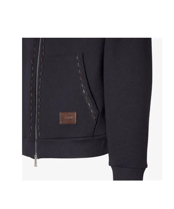 Fendi Navy Cotton Zip-up Hoodie With Selleria Stitching