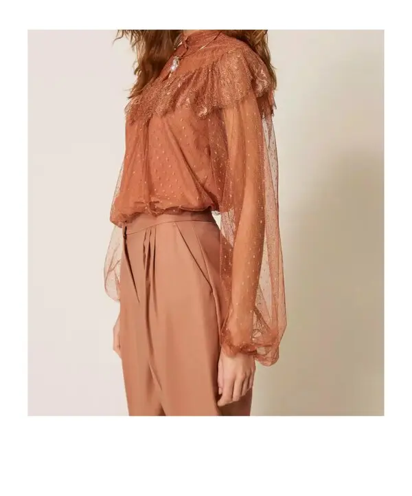 TWINSET Lace Ruffle Tulle Blouse - Brown