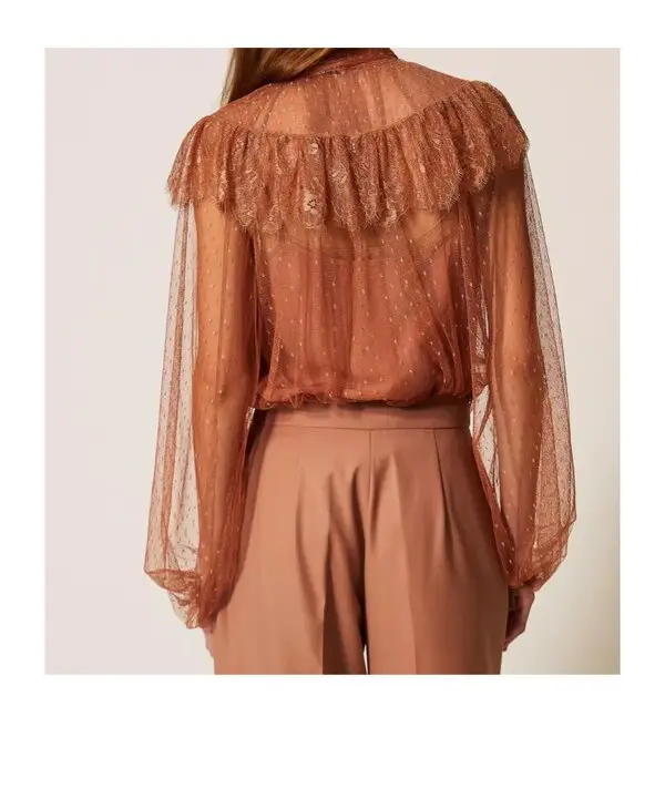 TWINSET Lace Ruffle Tulle Blouse - Brown