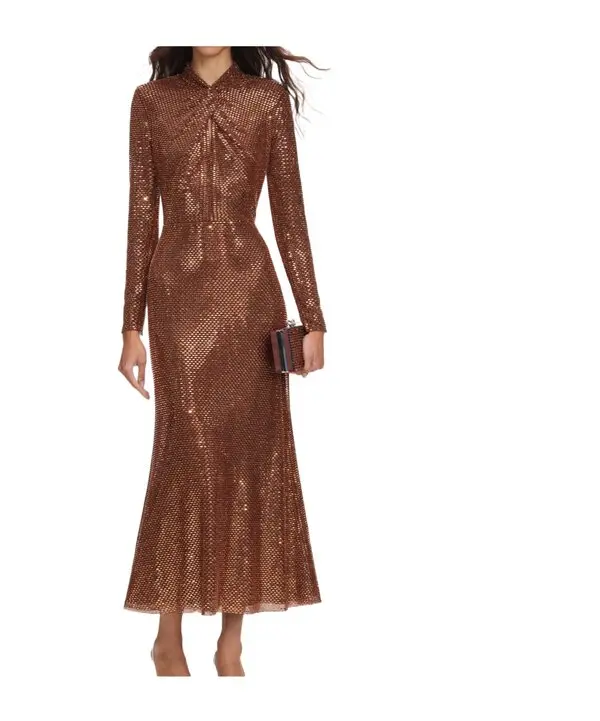 SELF-PORTRAIT Rhinestone Embellished Long Sleeve Midi Dress - Bronze
