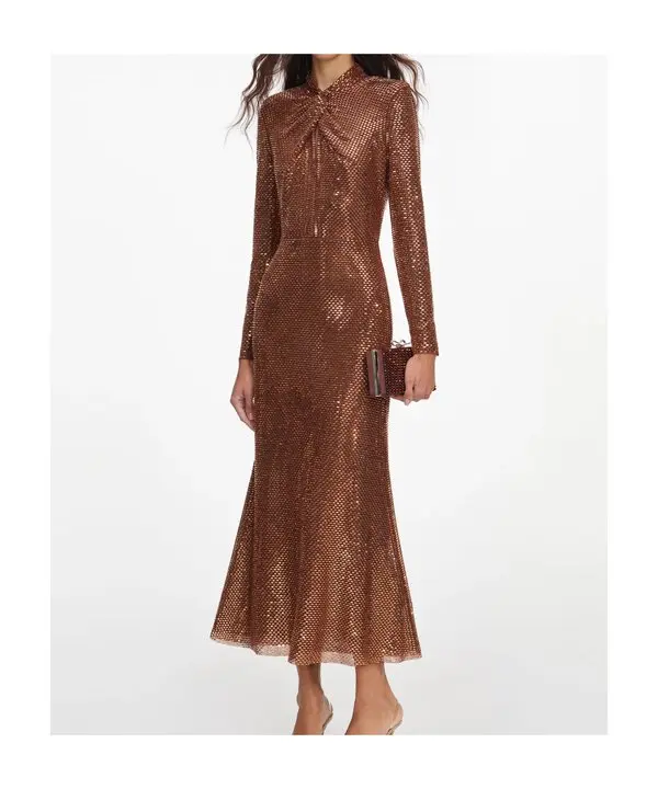 SELF-PORTRAIT Rhinestone Embellished Long Sleeve Midi Dress - Bronze
