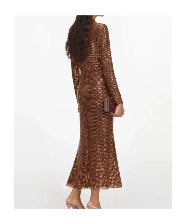 SELF-PORTRAIT Rhinestone Embellished Long Sleeve Midi Dress - Bronze