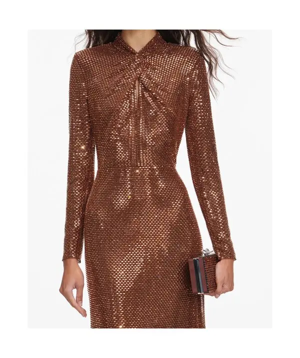 SELF-PORTRAIT Rhinestone Embellished Long Sleeve Midi Dress - Bronze