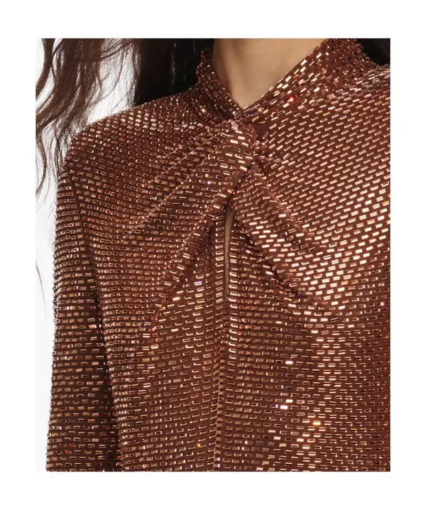 SELF-PORTRAIT Rhinestone Embellished Long Sleeve Midi Dress - Bronze