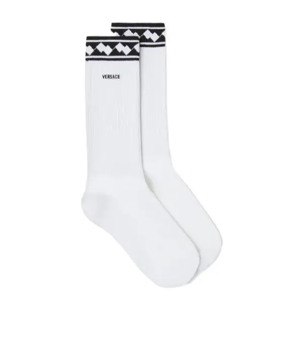 Versace Logo Embroidered Ribbed Crew Socks - White