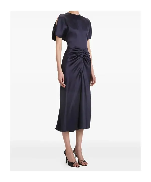 Victoria Beckham Gathered Waist Short Sleeve Dress - Blue