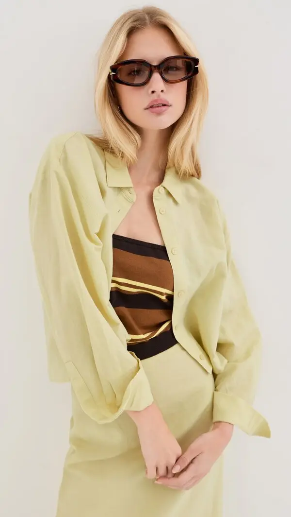 LE BOP Felicity Linen Button-down Shirt - Honeydew