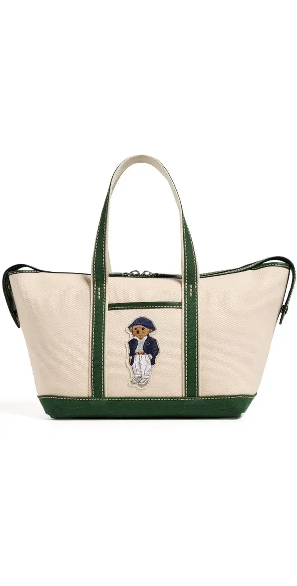Polo Ralph Lauren Canvas Mini Shopper Tote With Bear Patch - Ecru/juniper