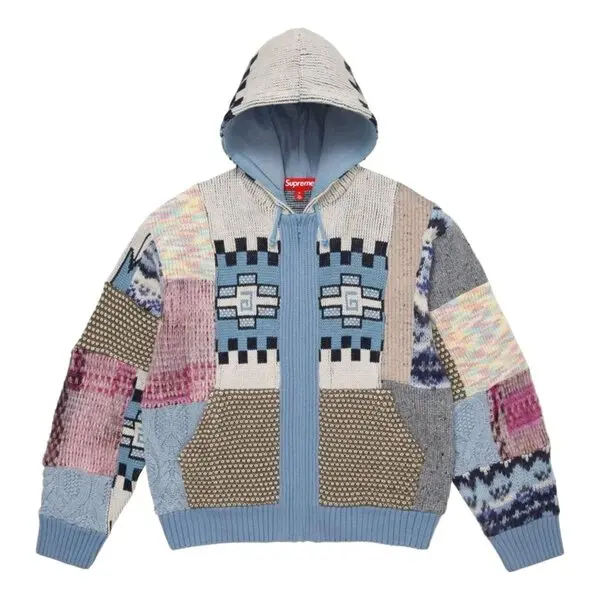 Supreme Patchwork Zip Up Hooded Sweater - Light Blue