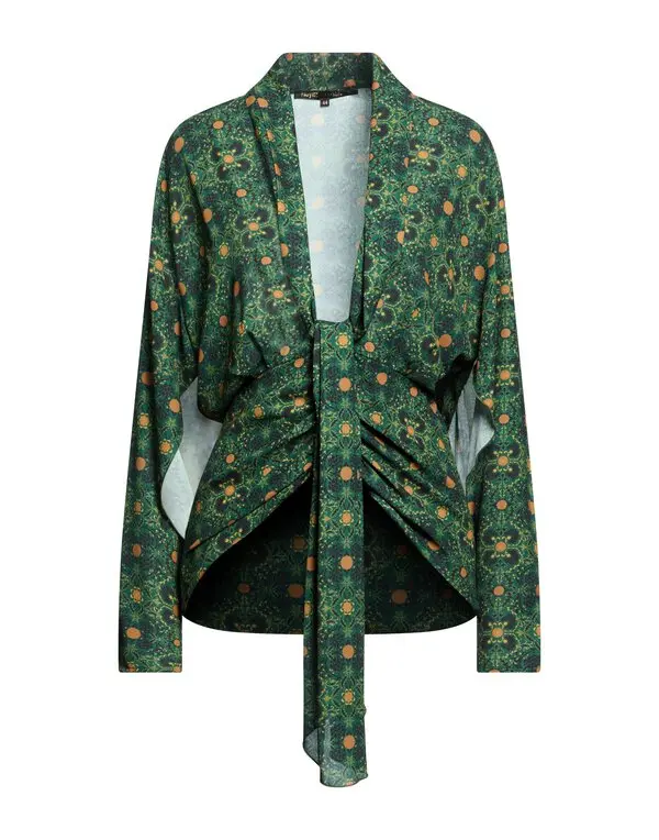 BABYLON Floral-print Gathered V-neck Polyester Top - Green