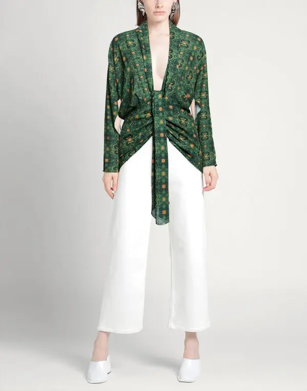 BABYLON Floral-print Gathered V-neck Polyester Top - Green