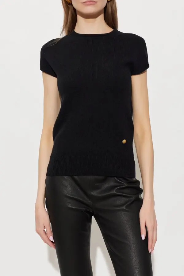 Balmain Wool & Cashmere Short Sleeve Top With Gold Logo Appliqu