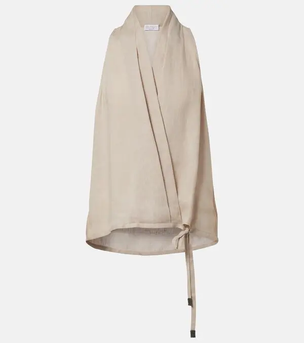 Brunello Cucinelli Monili Halterneck Linen Wrap Top - Beige