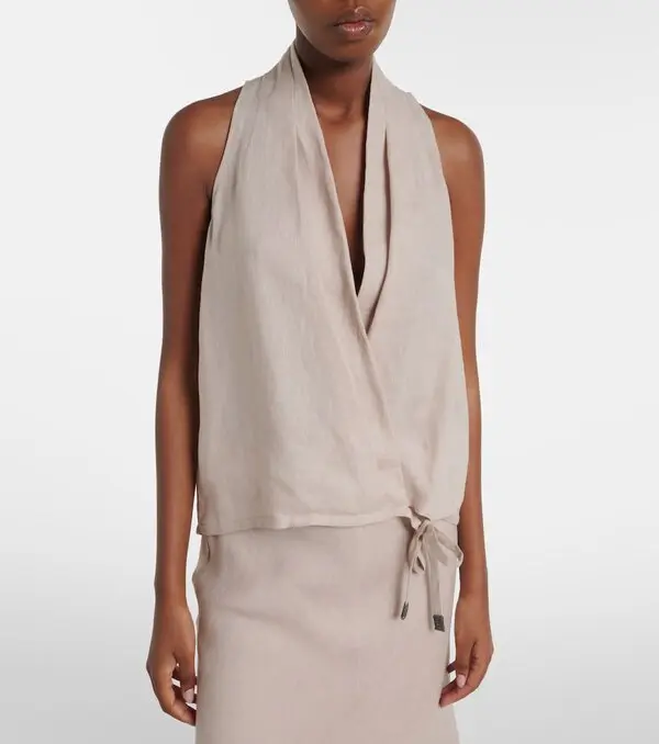 Brunello Cucinelli Monili Halterneck Linen Wrap Top - Beige