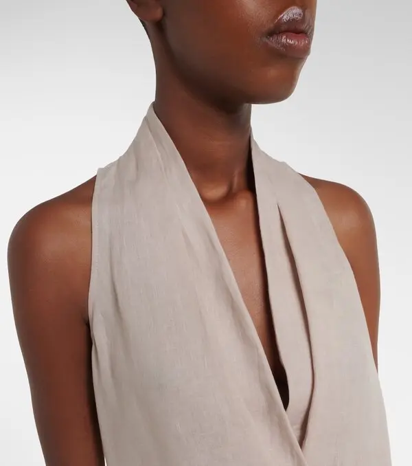 Brunello Cucinelli Monili Halterneck Linen Wrap Top - Beige