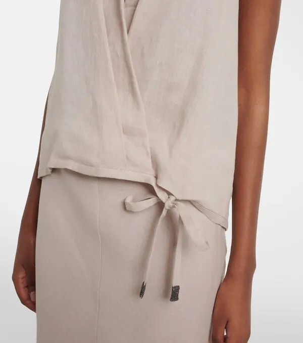 Brunello Cucinelli Monili Halterneck Linen Wrap Top - Beige