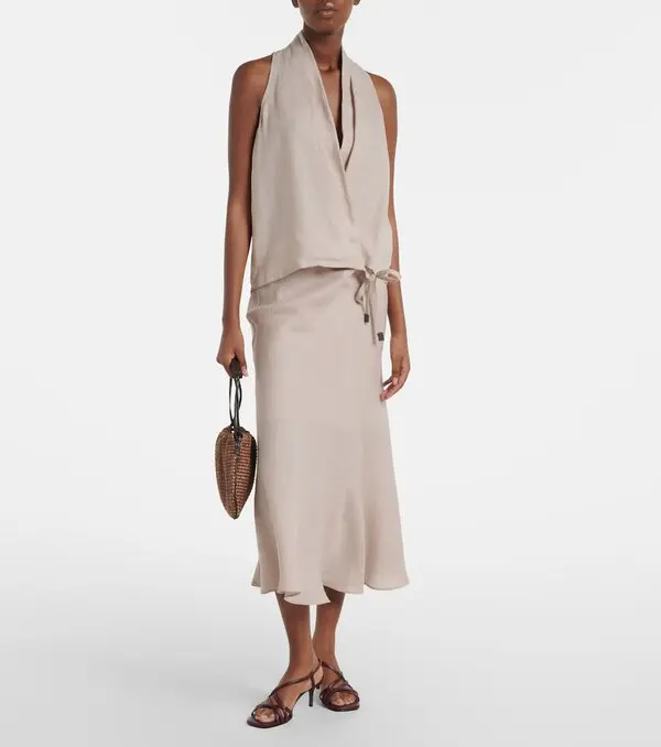 Brunello Cucinelli Monili Halterneck Linen Wrap Top - Beige