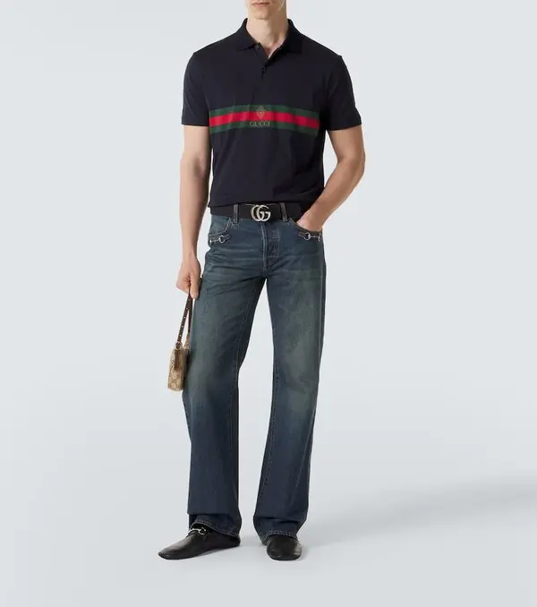 Gucci Web Stripe Cotton Jersey Polo Shirt - Blue