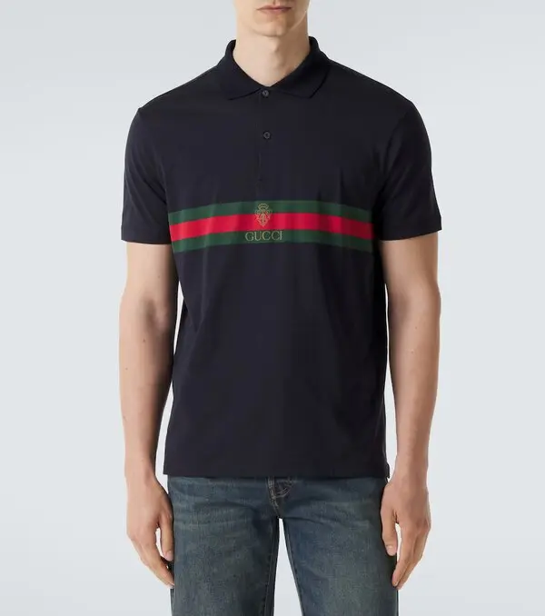 Gucci Web Stripe Cotton Jersey Polo Shirt - Blue