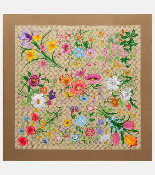 Gucci Gg Flora Silk Twill Scarf - Brown