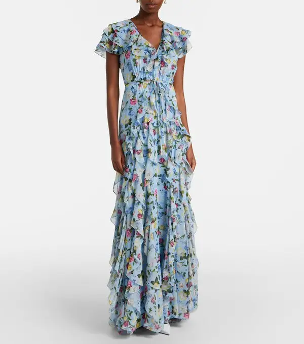Carolina Herrera Ruffled Silk Gown - Blue