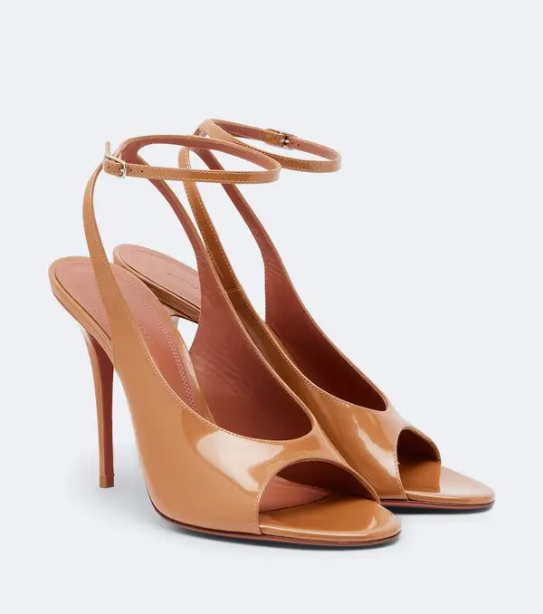 Amina Muaddi Patent Leather Slingback Sandals - Brown