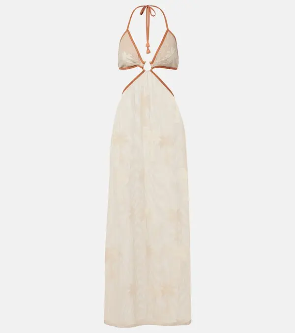 Johanna Ortiz Embroidered Cutout Mesh Midi Dress - Beige