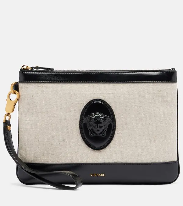 Versace Rivière Leather-trimmed Canvas Pouch - Beige