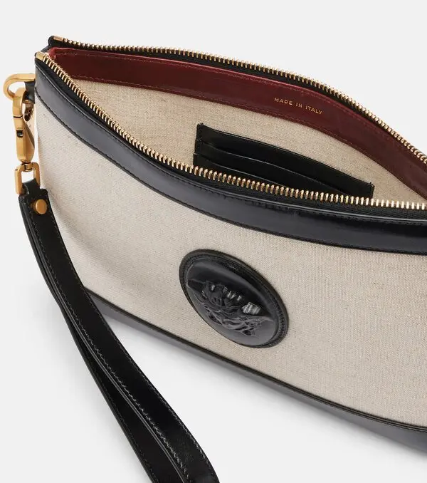 Versace Rivière Leather-trimmed Canvas Pouch - Beige