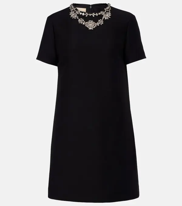 Valentino Garavani Crepe Couture Embellished Wool And Silk Minidress - Black