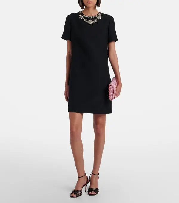 Valentino Garavani Crepe Couture Embellished Wool And Silk Minidress - Black