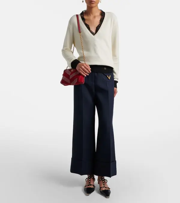 Valentino Garavani Vgold Crepe Couture Wide-leg Pants - Blue