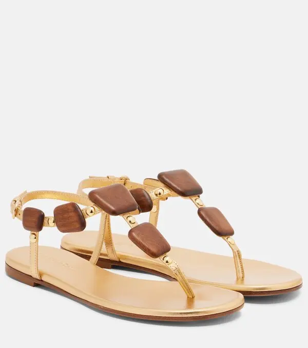 GIANVITO ROSSI Embellished Leather Thong Sandals - Metallic