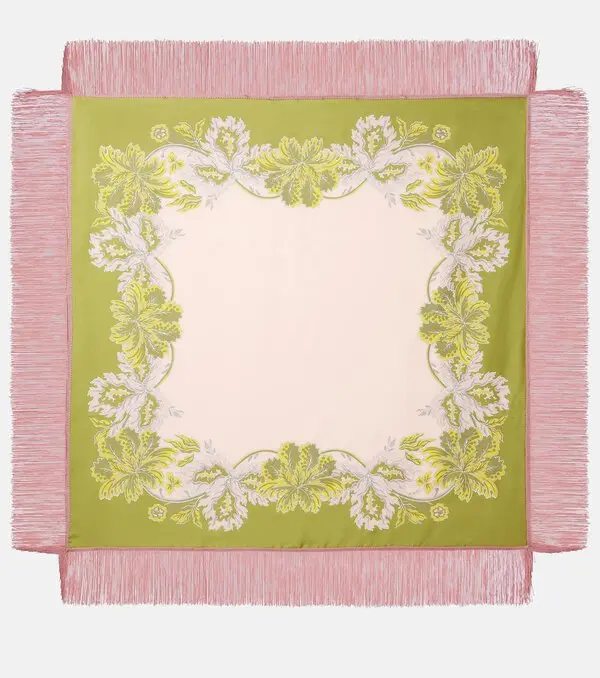 La DoubleJ Fringed Printed Silk Twill Scarf - Pink