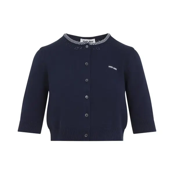 Miu Miu Fine Cotton Knit Cardigan With Intarsia Motif - Blue