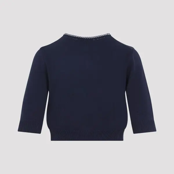Miu Miu Fine Cotton Knit Cardigan With Intarsia Motif - Blue