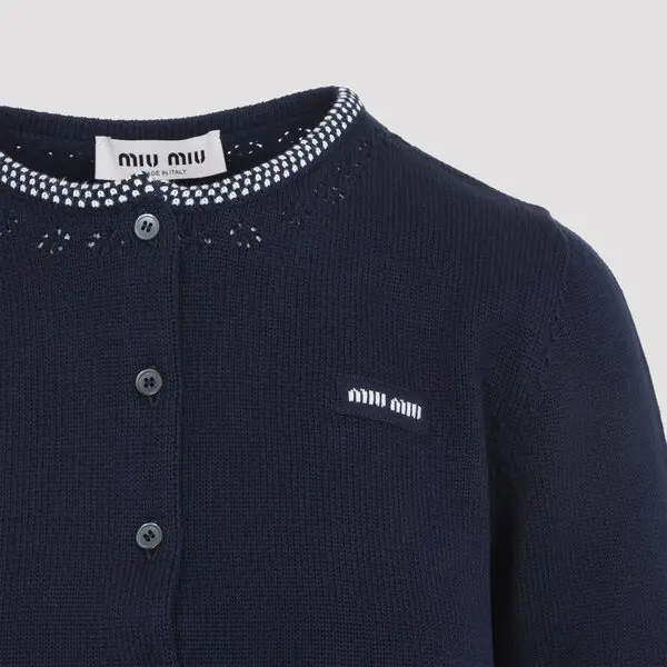 Miu Miu Fine Cotton Knit Cardigan With Intarsia Motif - Blue