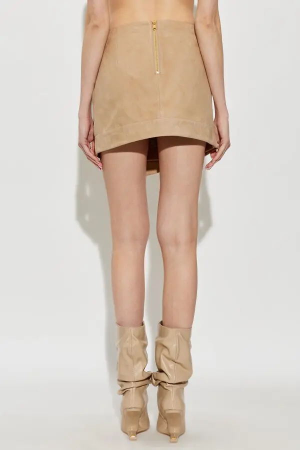 Balmain Suede Asymmetrical Mini Skirt With Back Zip - Beige