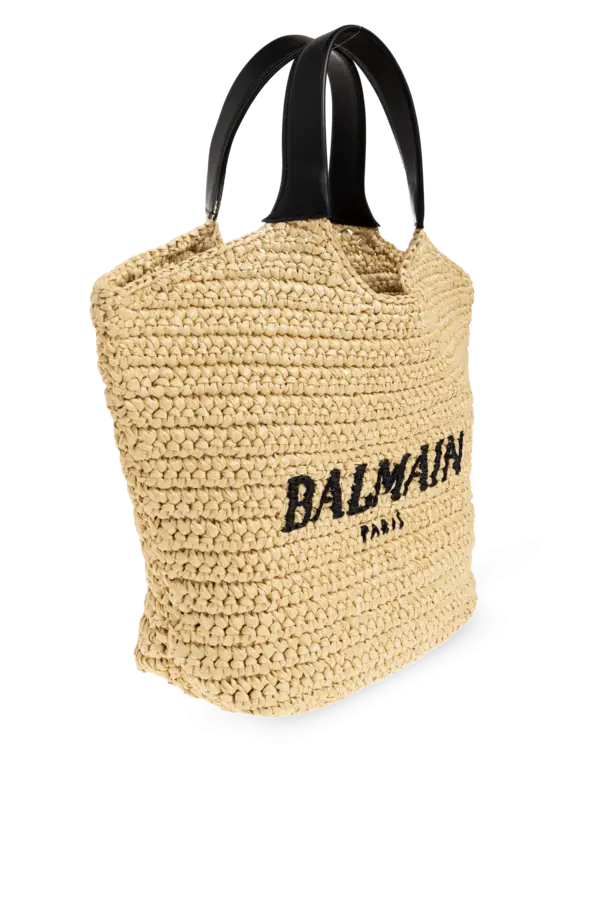 Balmain Raffia Shopper Bag With Embroidered Logo - Beige