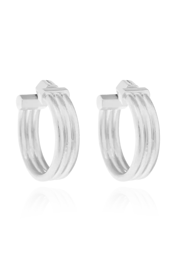 ALLSAINTS Polished Brass Hoop Earrings With Geometric Detail - Silver