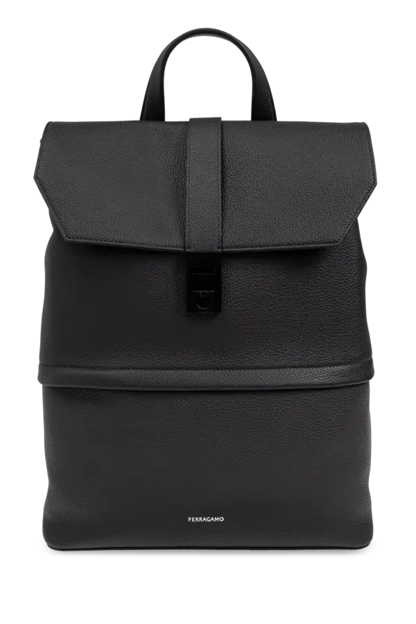 FERRAGAMO Textured Leather Backpack With Clasp Closure - Black
