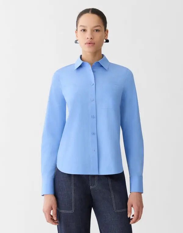 Lafayette 148 New York Organic Cotton Poplin Button Front Shirt - Blue Hydrangea