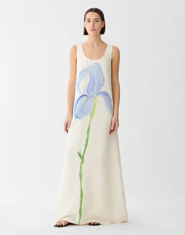 Lafayette 148 New York Iris Print Silk Linen V-neck Sleeveless Maxi Gown - Cloud Multi