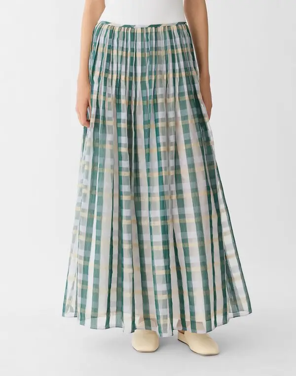 Lafayette 148 New York Hand Pintucked Plaid Cotton Silk Maxi Skirt - Grass Multi