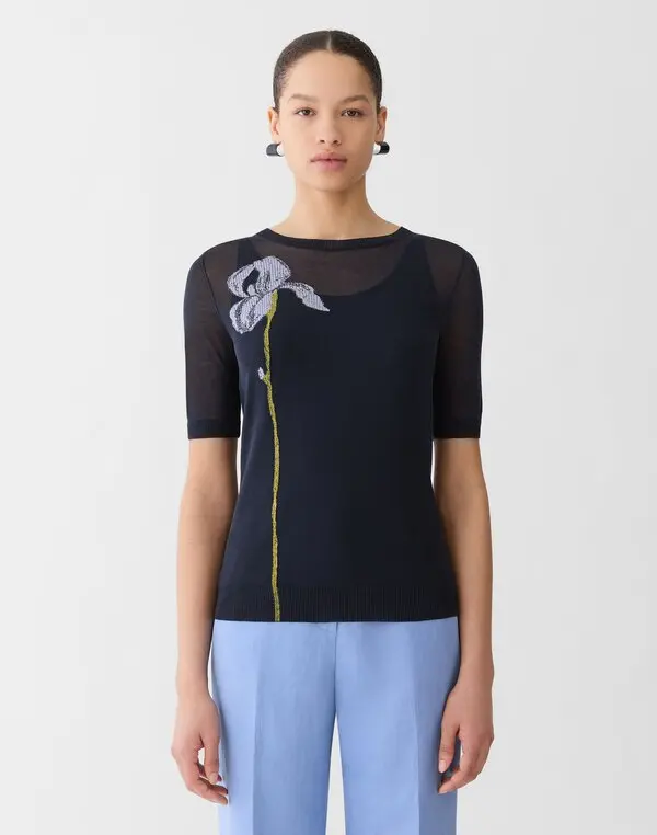 Lafayette 148 New York Iris Intarsia Short Sleeve Sweater