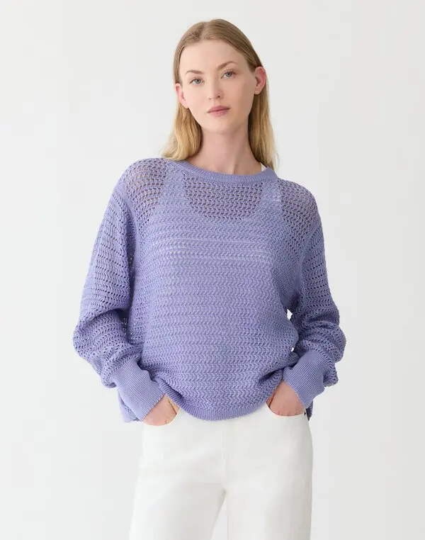 Lafayette 148 New York Petite Fine Cotton Open Knit Crewneck Sweater - Catmint