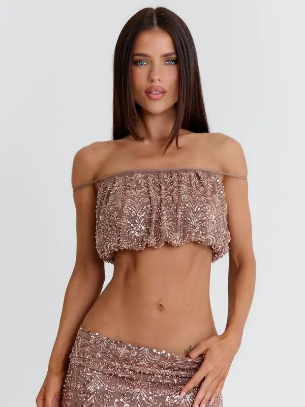 OUTCAST Patience Sequin Off-shoulder Crop Top