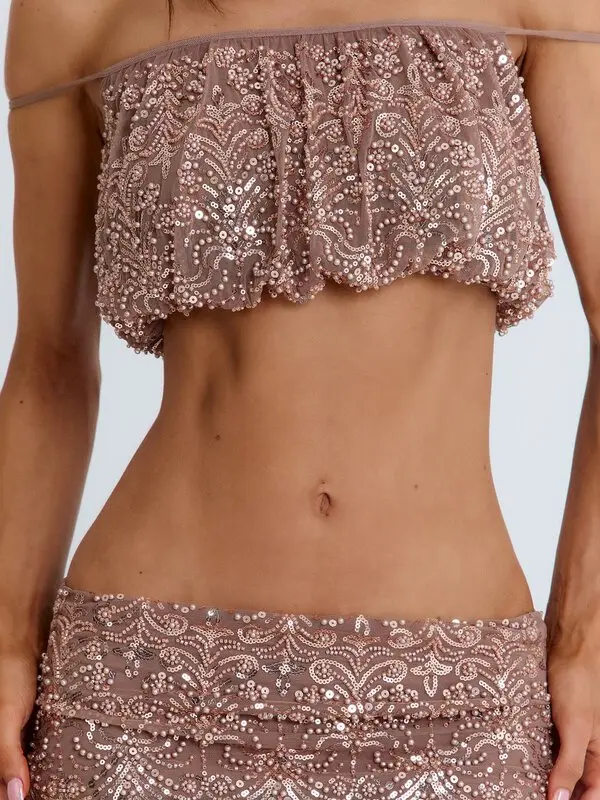 OUTCAST Patience Sequin Off-shoulder Crop Top